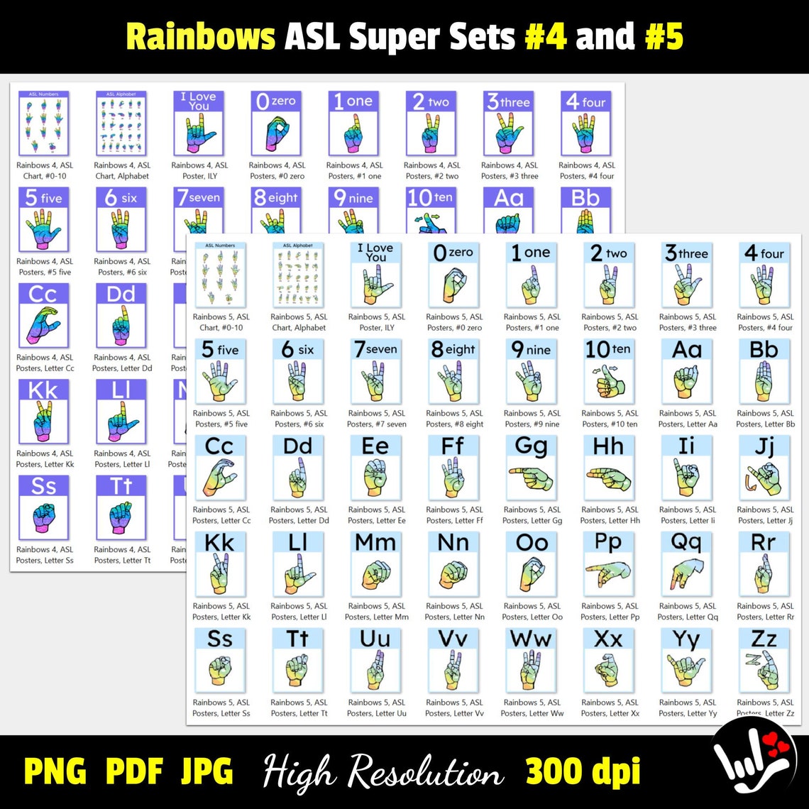 ASL Alphabet Numbers Ilys Rainbow Super Sets | Clipart Charts Posters ...