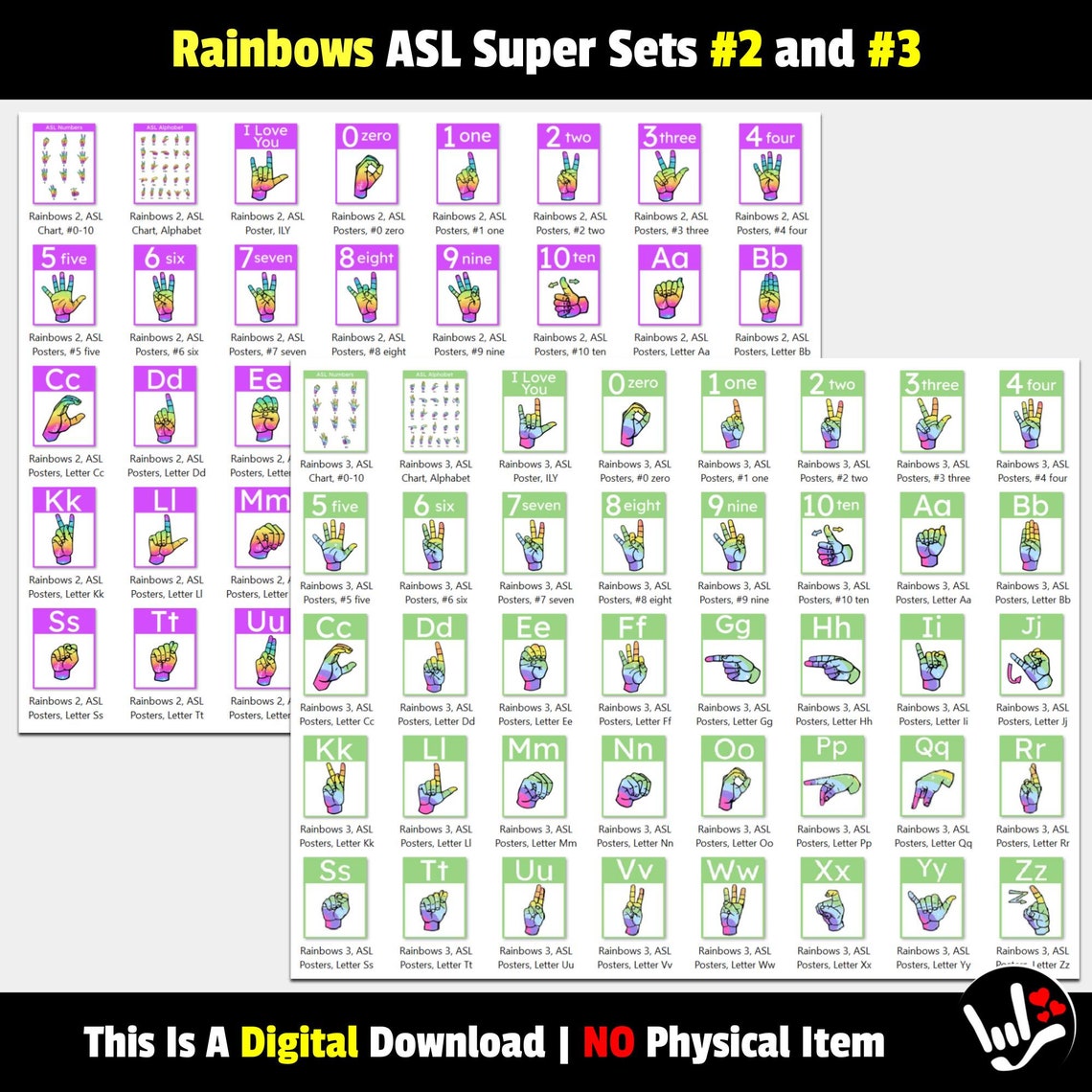 ASL Alphabet Numbers Ilys Rainbow Super Sets | Clipart Charts Posters ...