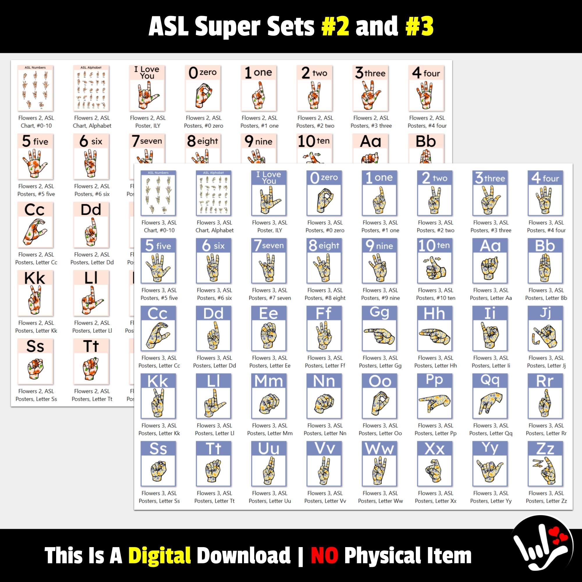 ASL Alphabet Numbers Ilys Flower Super Sets Clipart Charts - Etsy