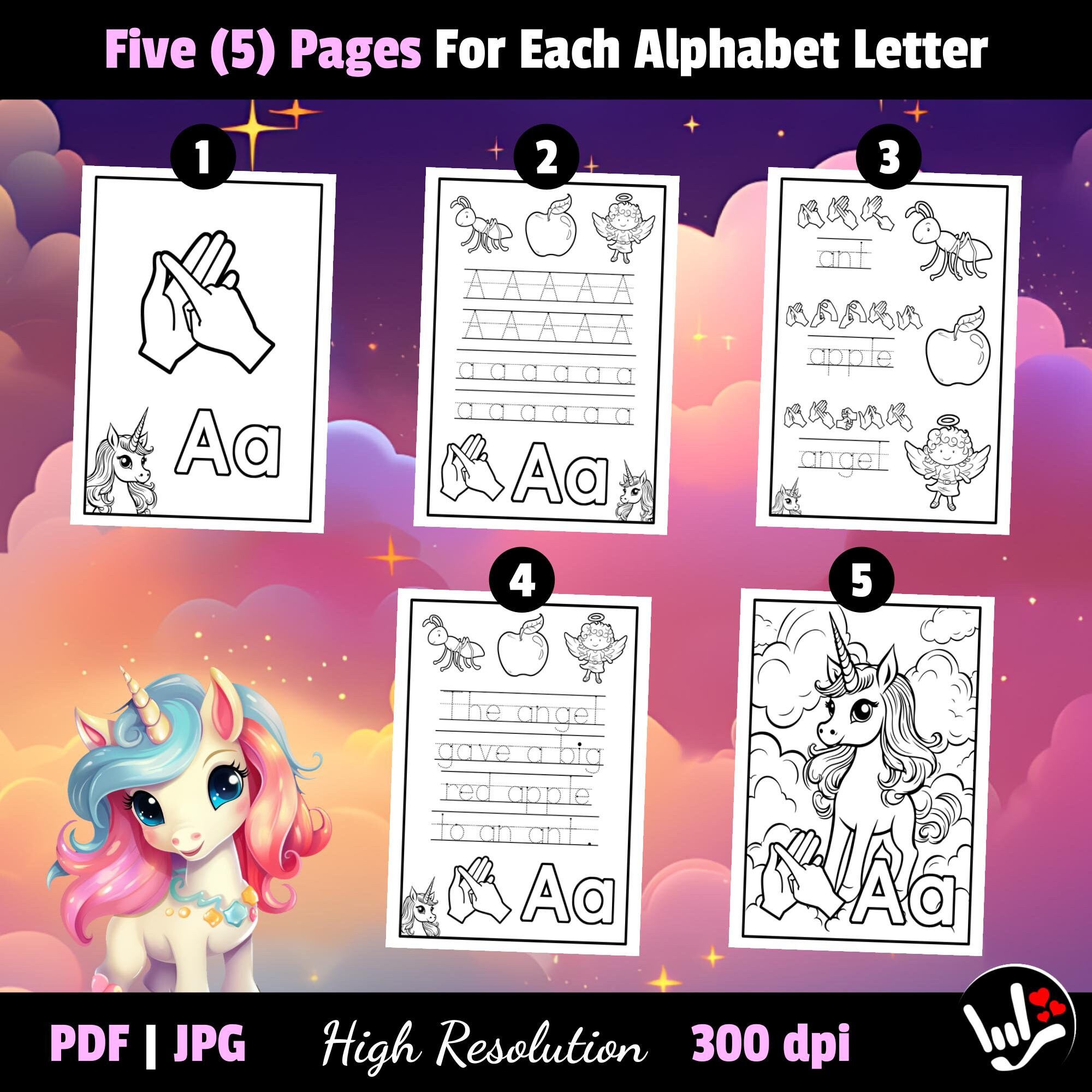Cute Unicorns Auslan Alphabet Coloring Tracing Activity Pages ...