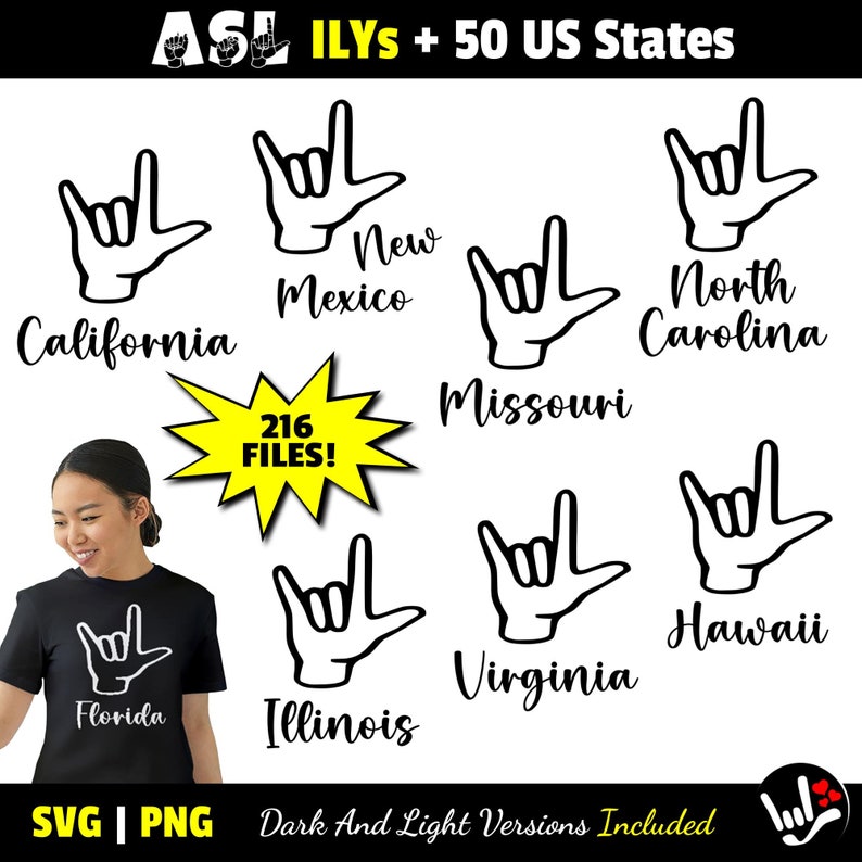 ASL ILY Sign All 50 US States Svg Bundle I Love You American Sign ...
