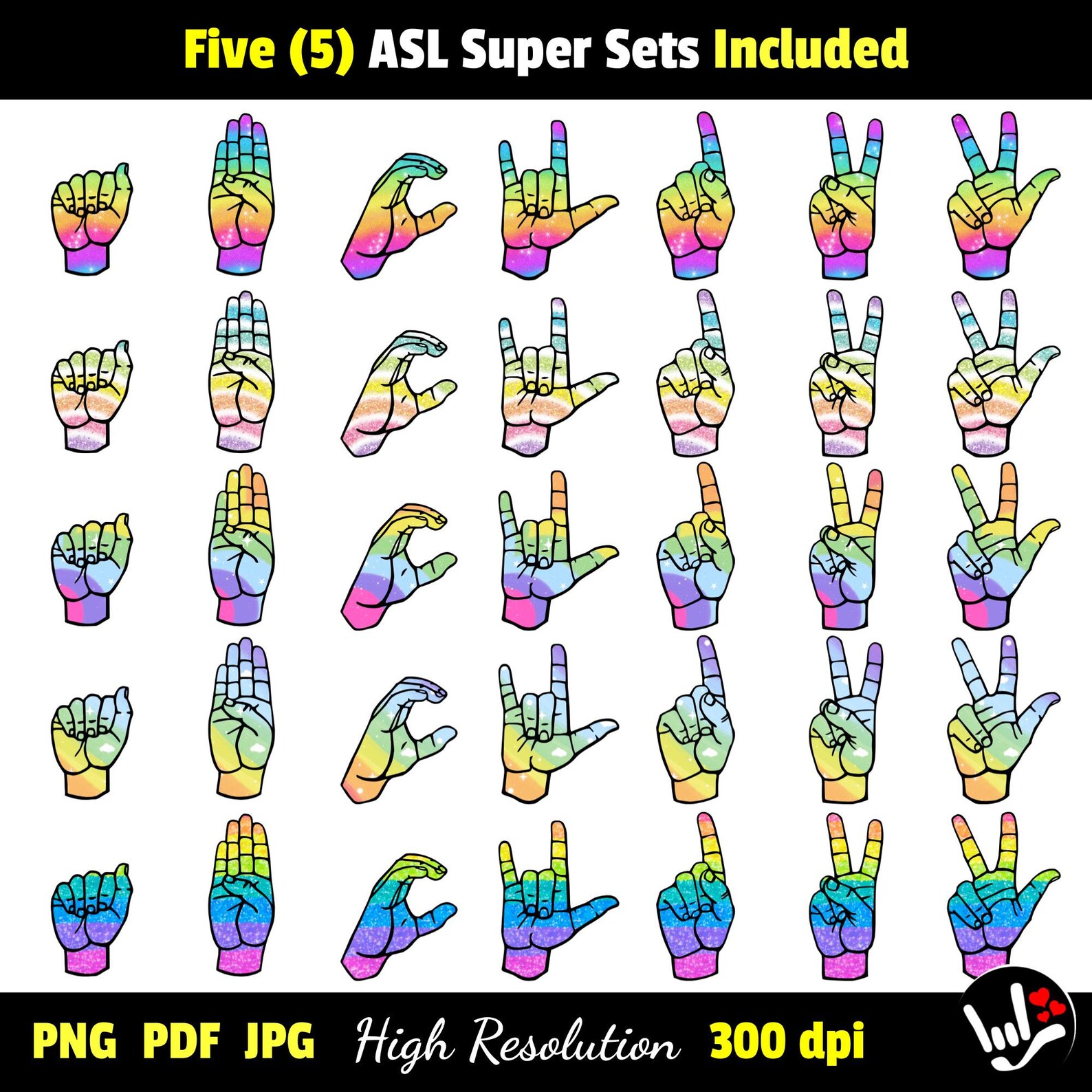 ASL Alphabet Numbers Ilys Rainbow Super Sets | Clipart Charts Posters ...