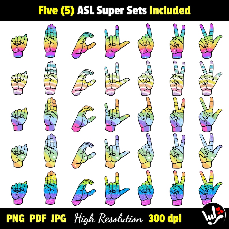 ASL Alphabet Numbers Ilys Rainbow Super Sets Clipart Charts - Etsy