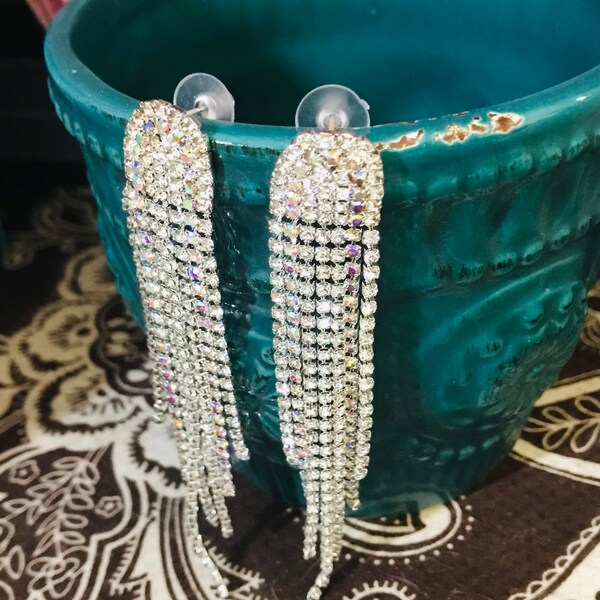 Rhinestone Fringe Earrings - Etsy