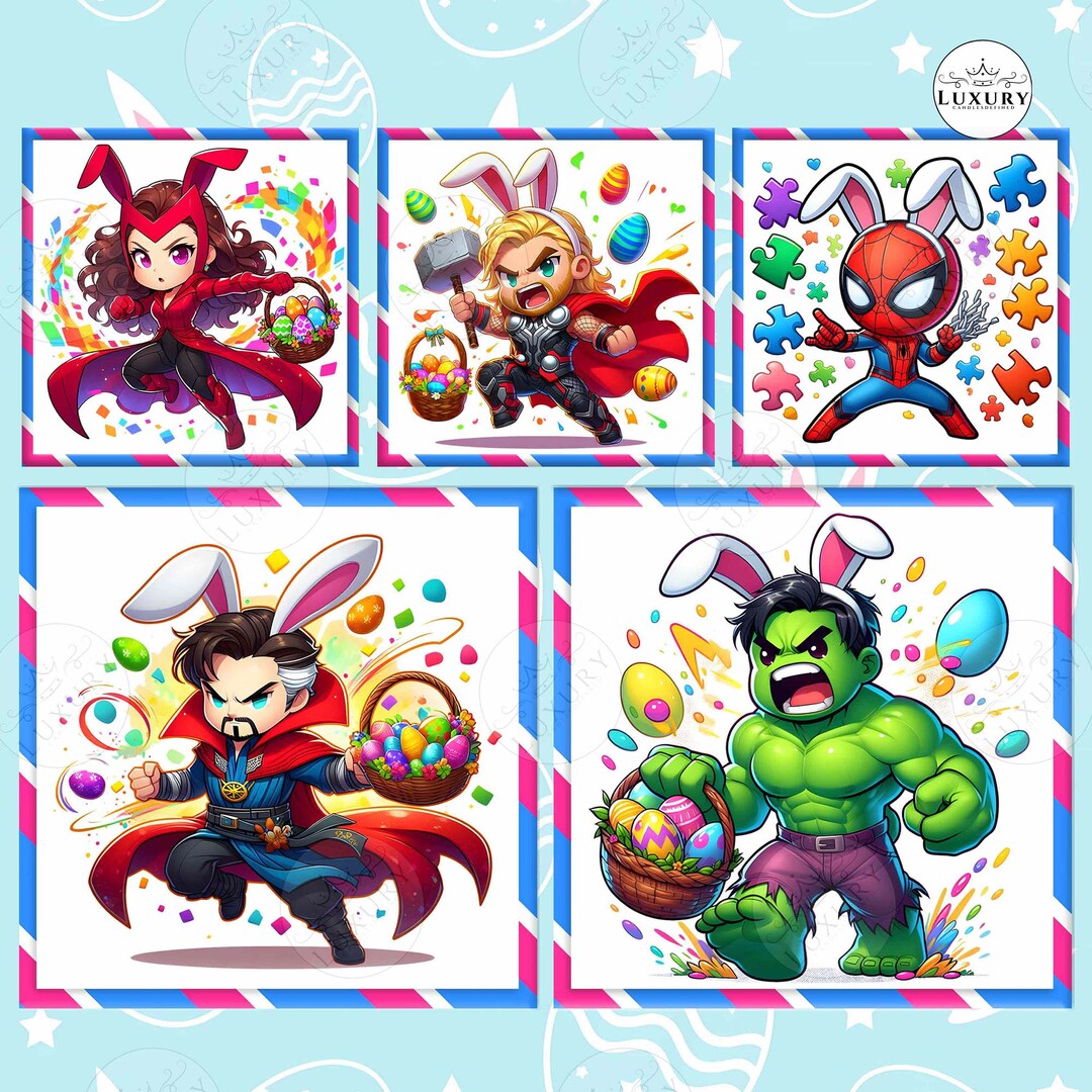 6 Chibi Superhero Easter Cartoon PNG Bundle, Superhero Movie Character ...