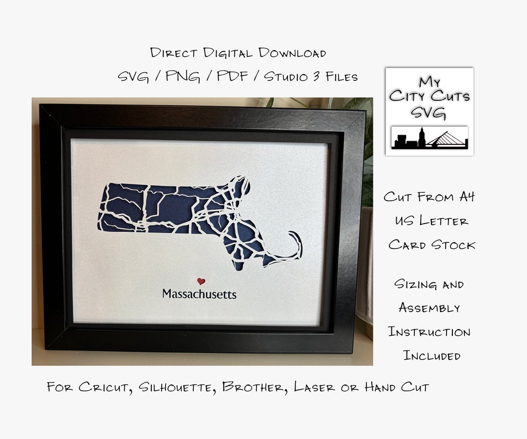 Massachusetts State Map Paper Cut Lightbox SVG, Cricut Silhouette ...