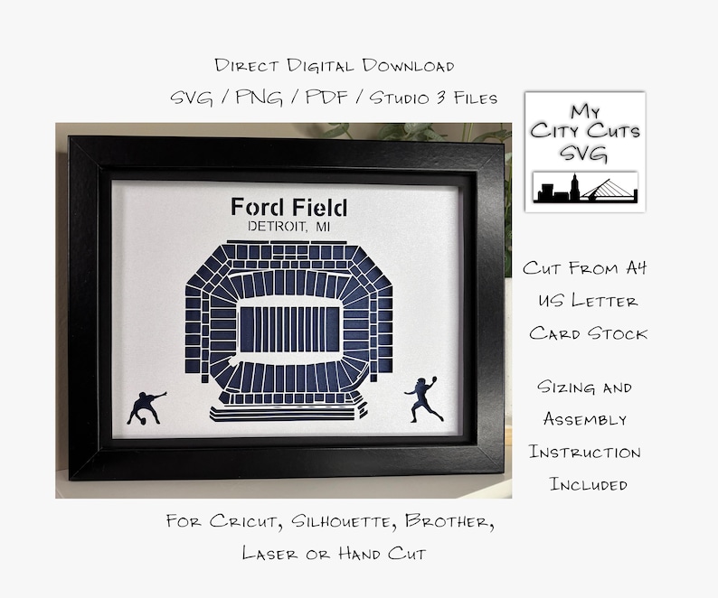 Ford Field Stadium 3D Lightbox Paper Cut, Detroit Skyline (digital ...