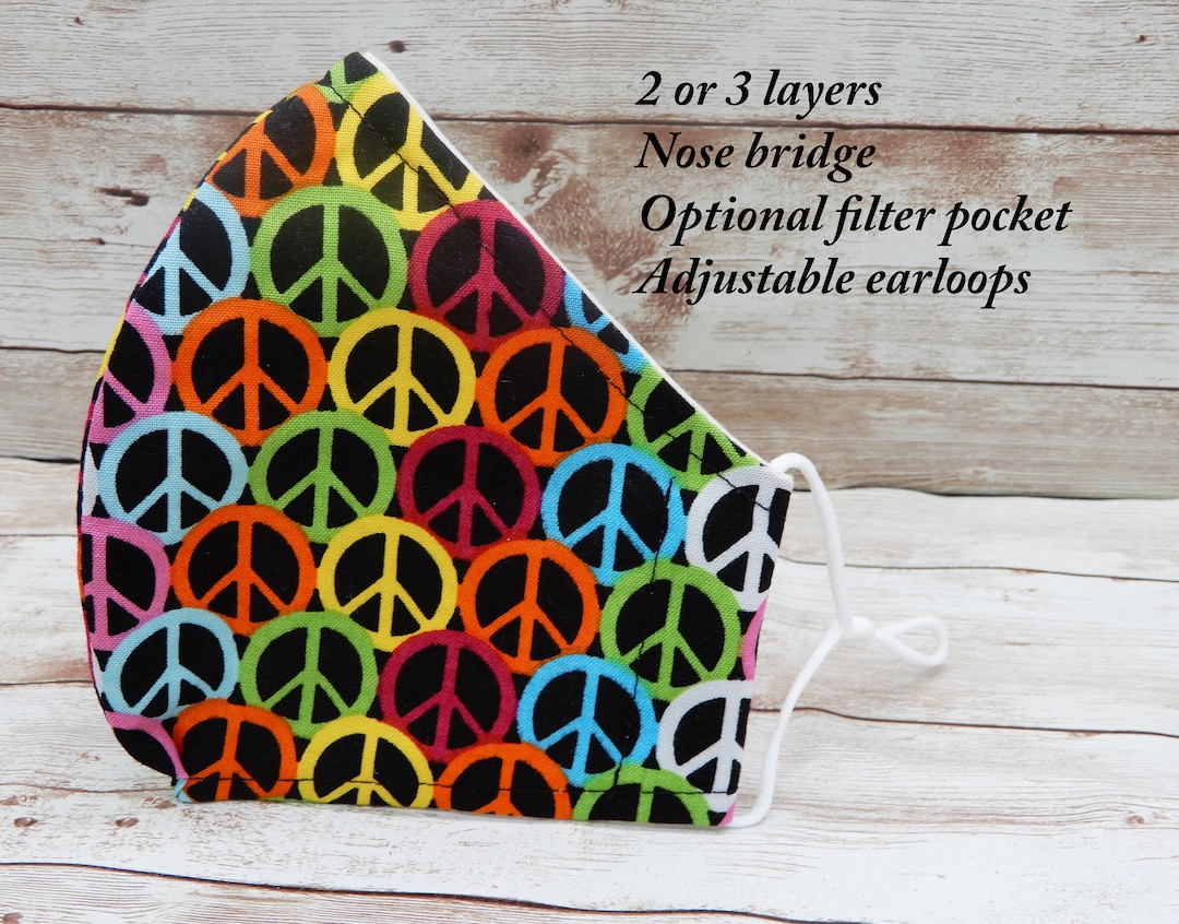 Peace Sign Face Mask: Hippie Boho Retro Cotton Mask, Adjustable Straps ...