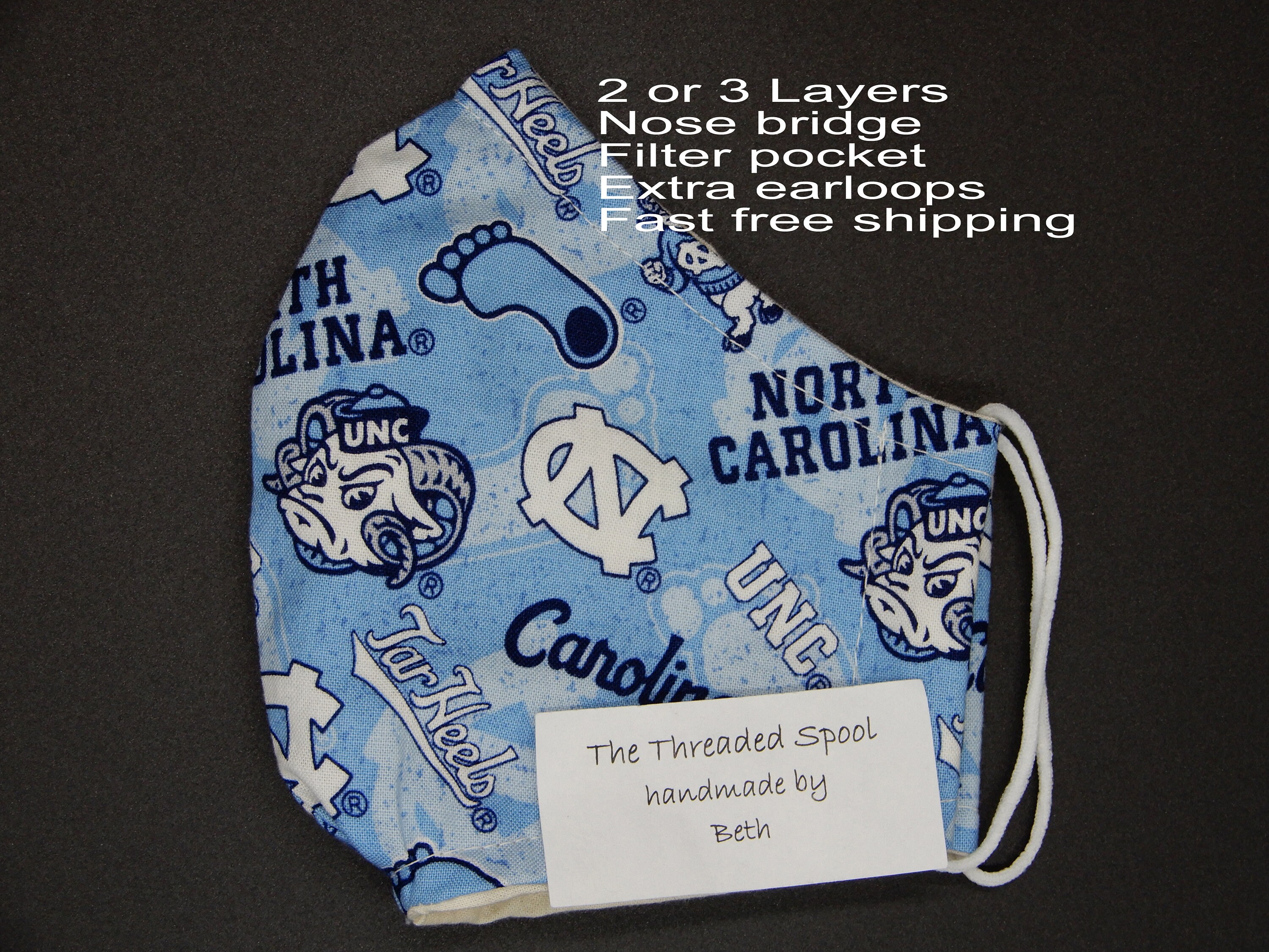 UNC Face mask 100% Cotton with nose wire and filter pocket | Etsy