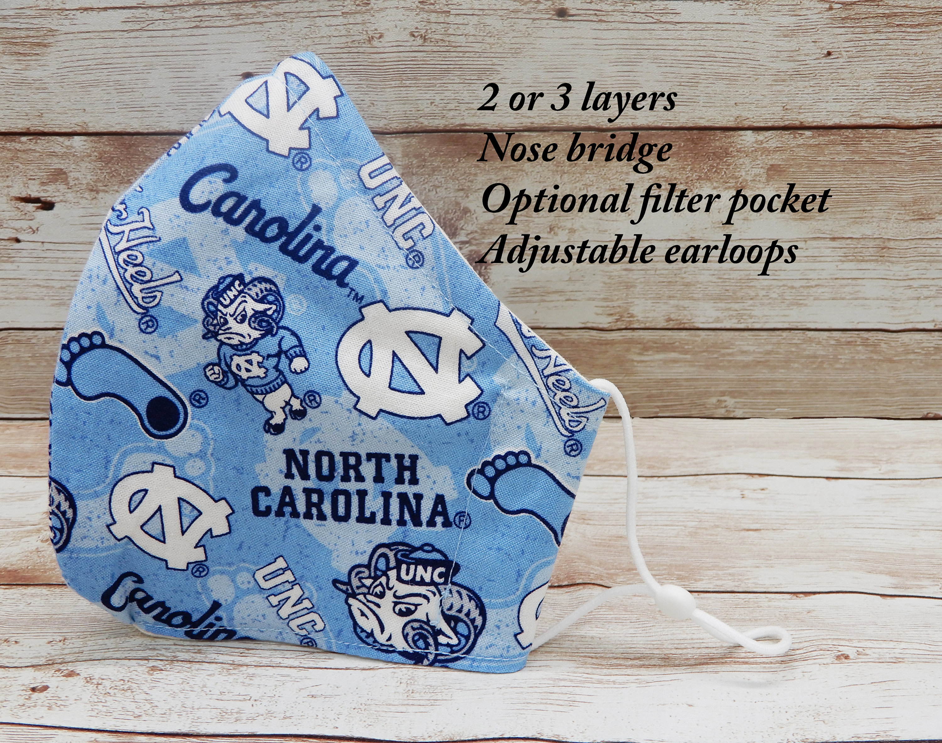 UNC Face Mask 100% Cotton With Nose Wire and Filter Pocket | Etsy