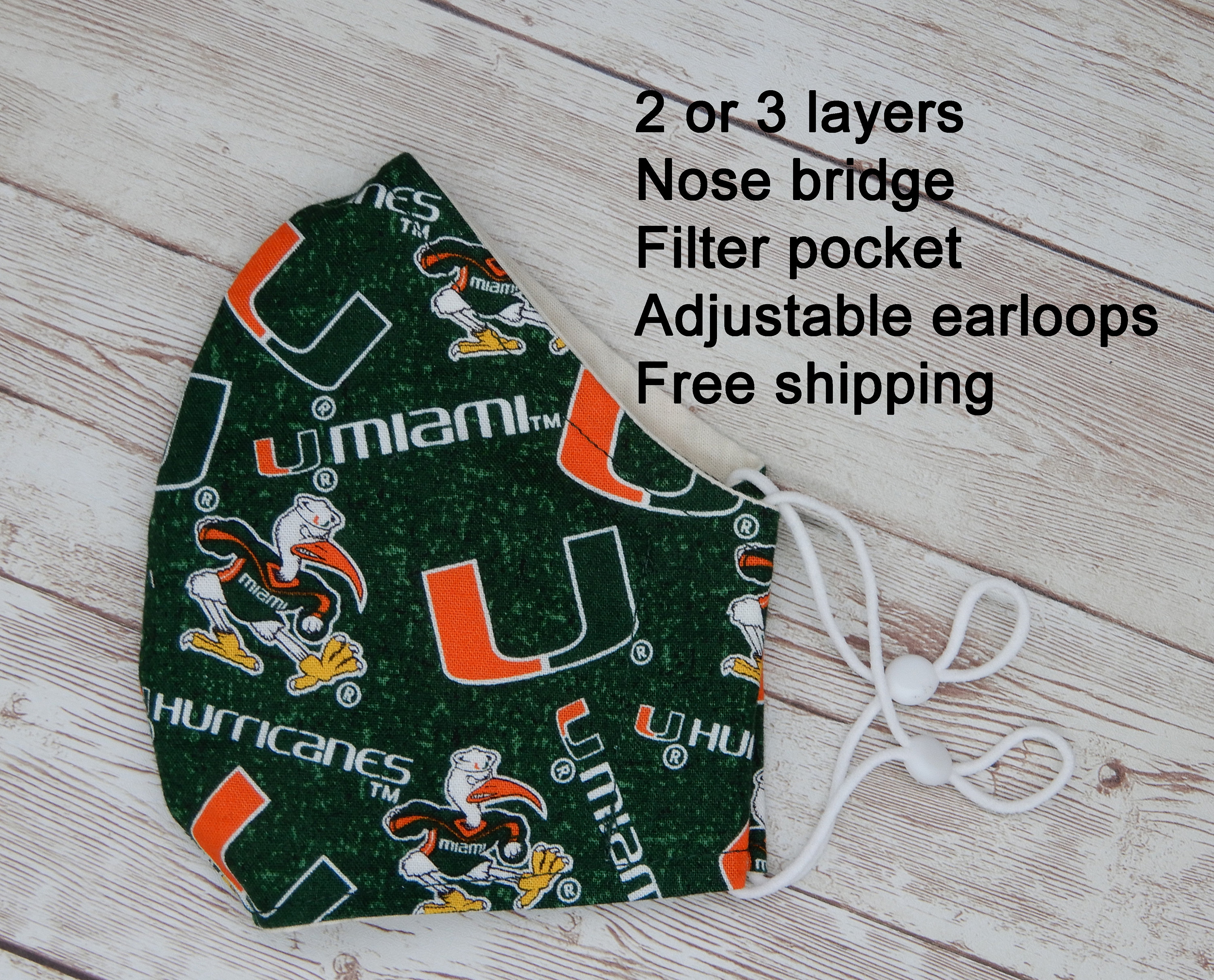 UM Face Mask University of Miami 100% Cotton 2 or 3 Layers | Etsy