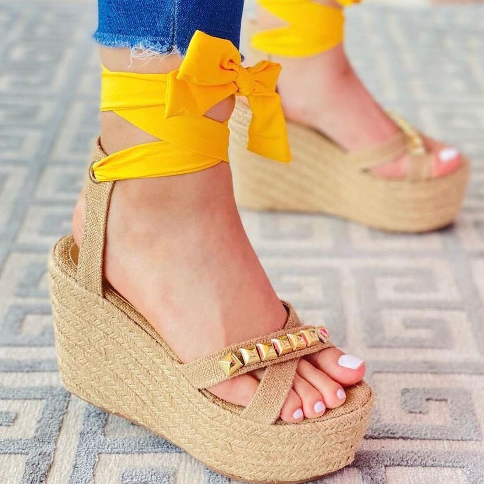 Wedge Shoes, Natural Jute Wedge Sandals, High Heeled Shoes With Straps ...