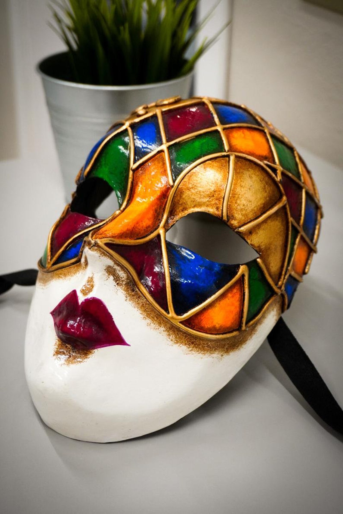 Harlequin Multicolored Venetian Mask with gold leaf. Venice | Etsy