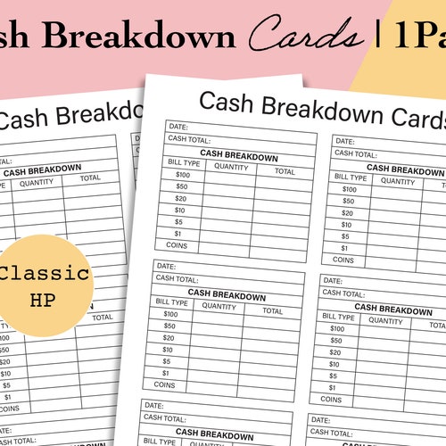 Cash Breakdown Count Sheet Printable Cash Breakdown Cards | Etsy