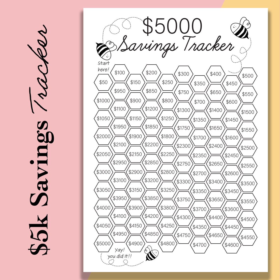 5k Savings Tracker Printable 5000 Savings Challenge Tracker Etsy