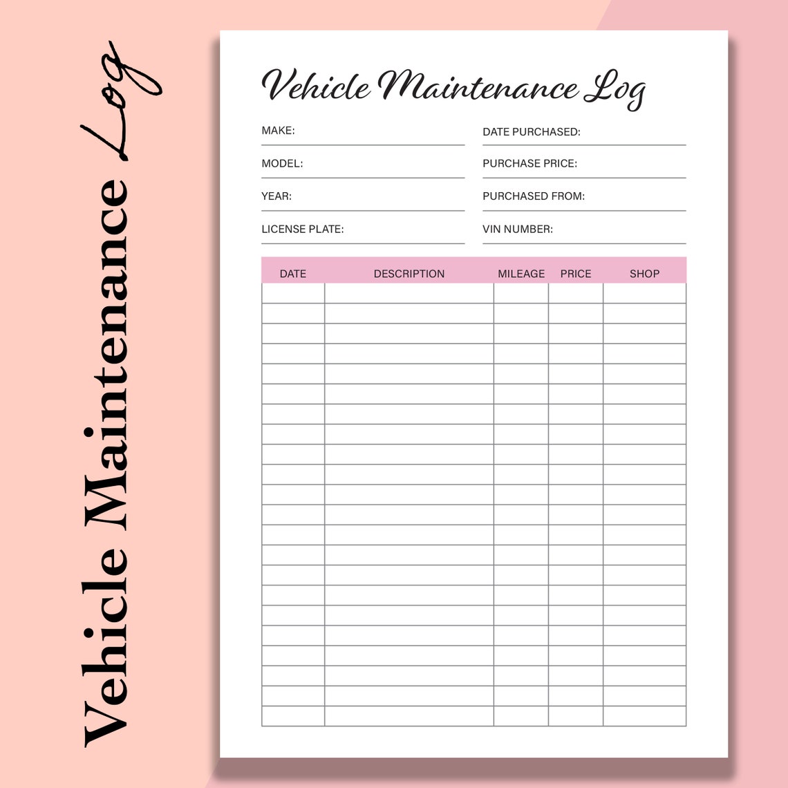 Vehicle Maintenance Log, Car Maintenance Log Printable, Auto Repairs ...