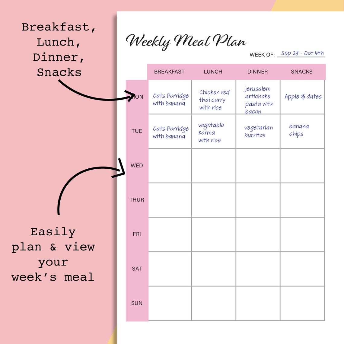 A6 Weekly Meal Planner Printable and Grocery List, Weekly Menu Planner ...