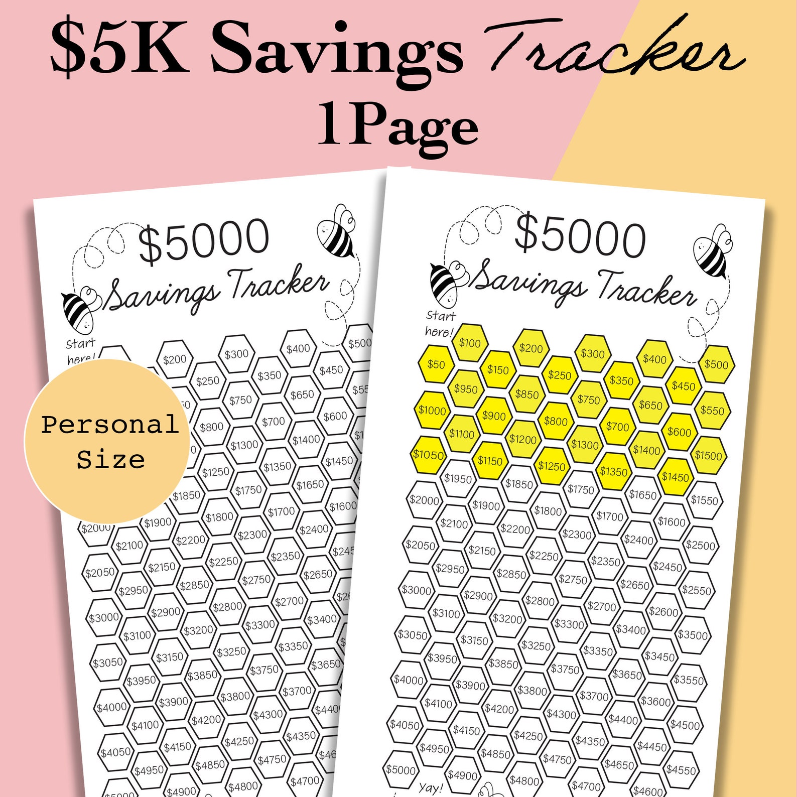 Personal Size 5k Savings Tracker Printable, 5000 Savings Challenge ...