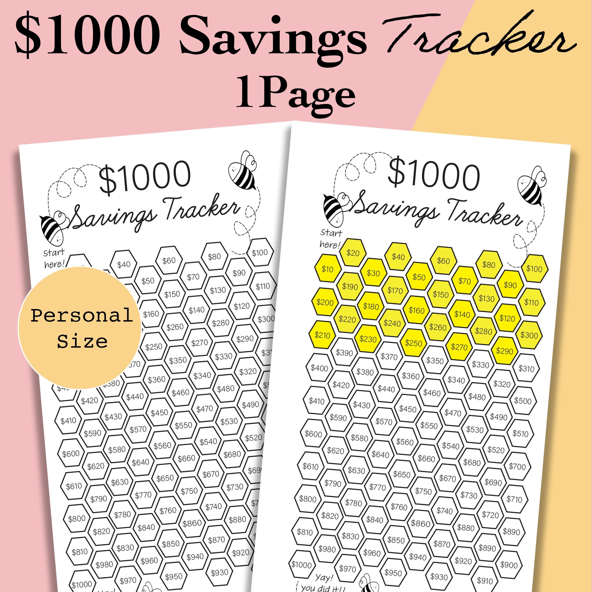 Personal Size 1k Savings Tracker Printable, 1000 Savings Challenge ...
