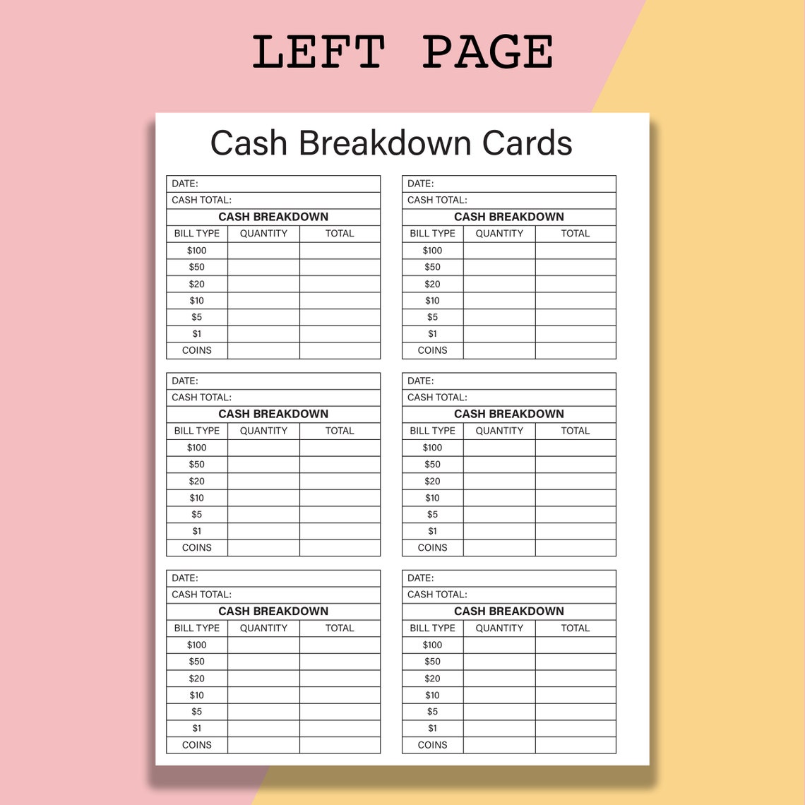 Cash Breakdown Count Sheet Printable, Cash Breakdown Cards PDF, Cash ...