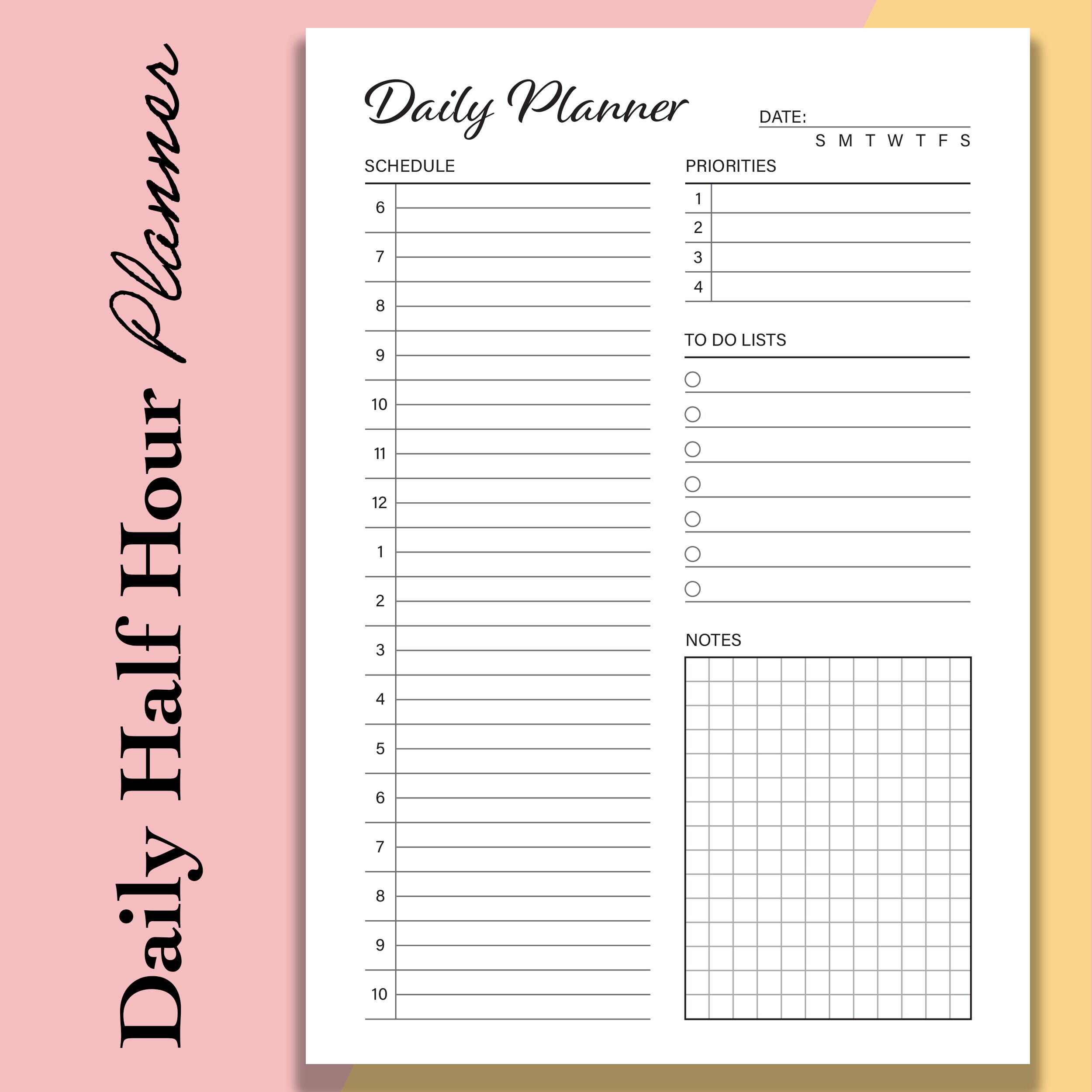 Daily Half Hour Planner PDF, Daily Printable Inserts, Daily Hourly ...