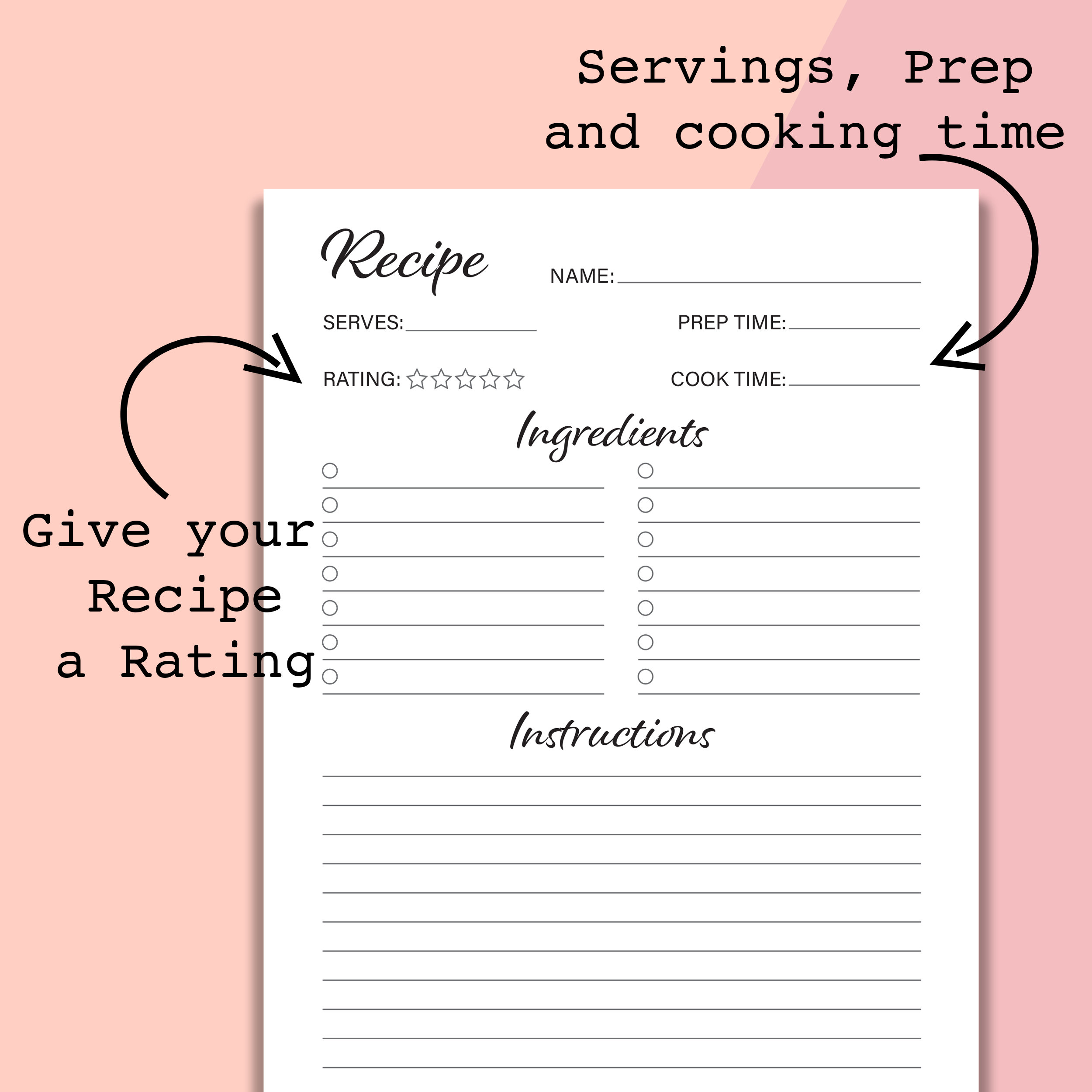 Recipe Printable Page Recipe Template PDF Recipe Planner - Etsy