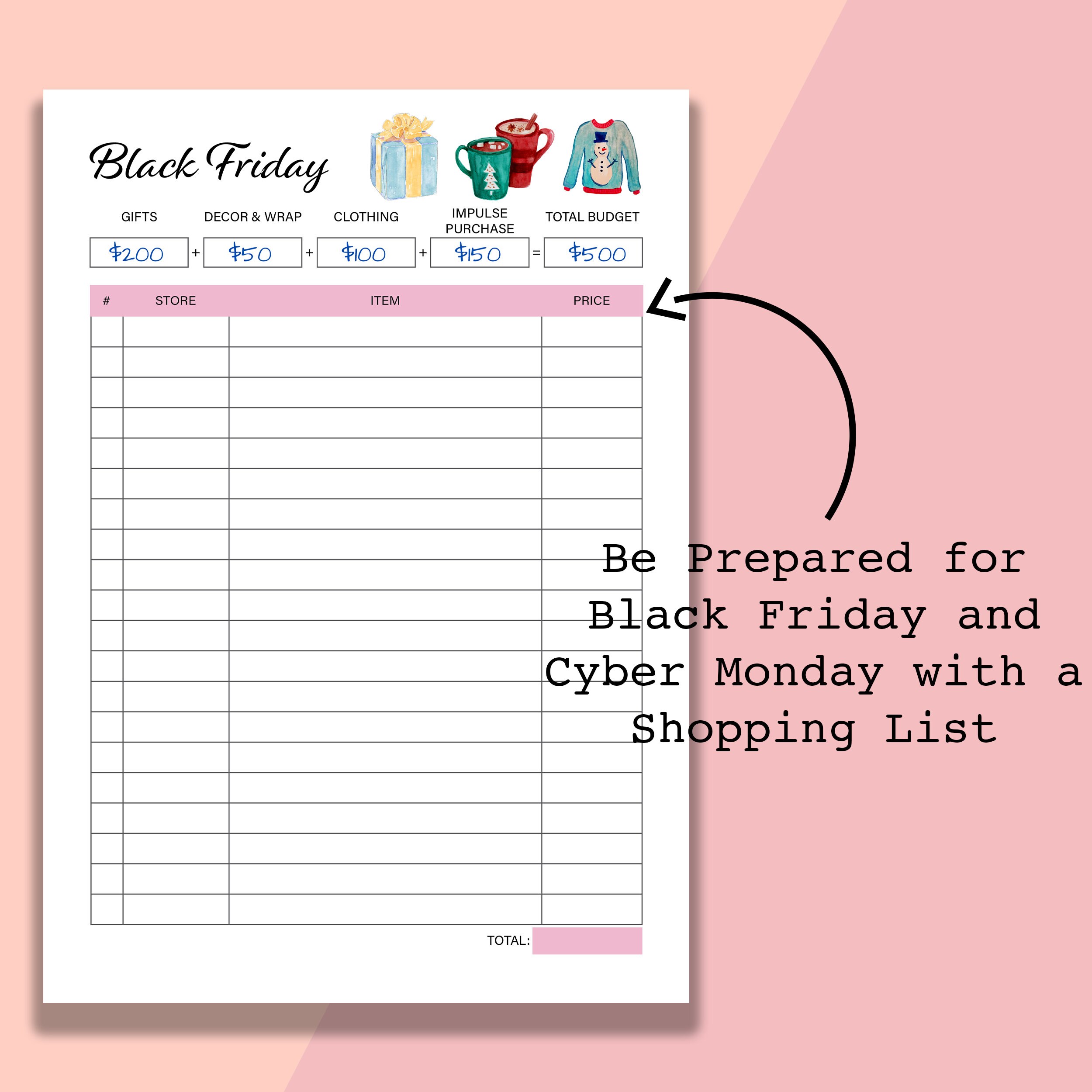 Black Friday Planner Printable, Christmas Gift Shopping List, Cyber ...