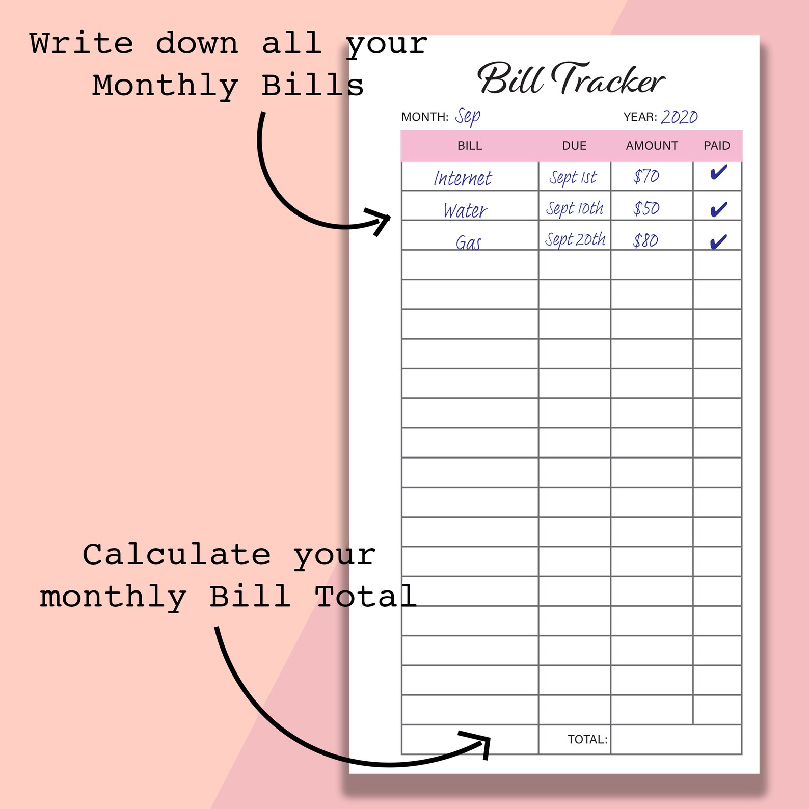Personal Size Bill Tracker Printable Template, Bill Pay Checklist ...