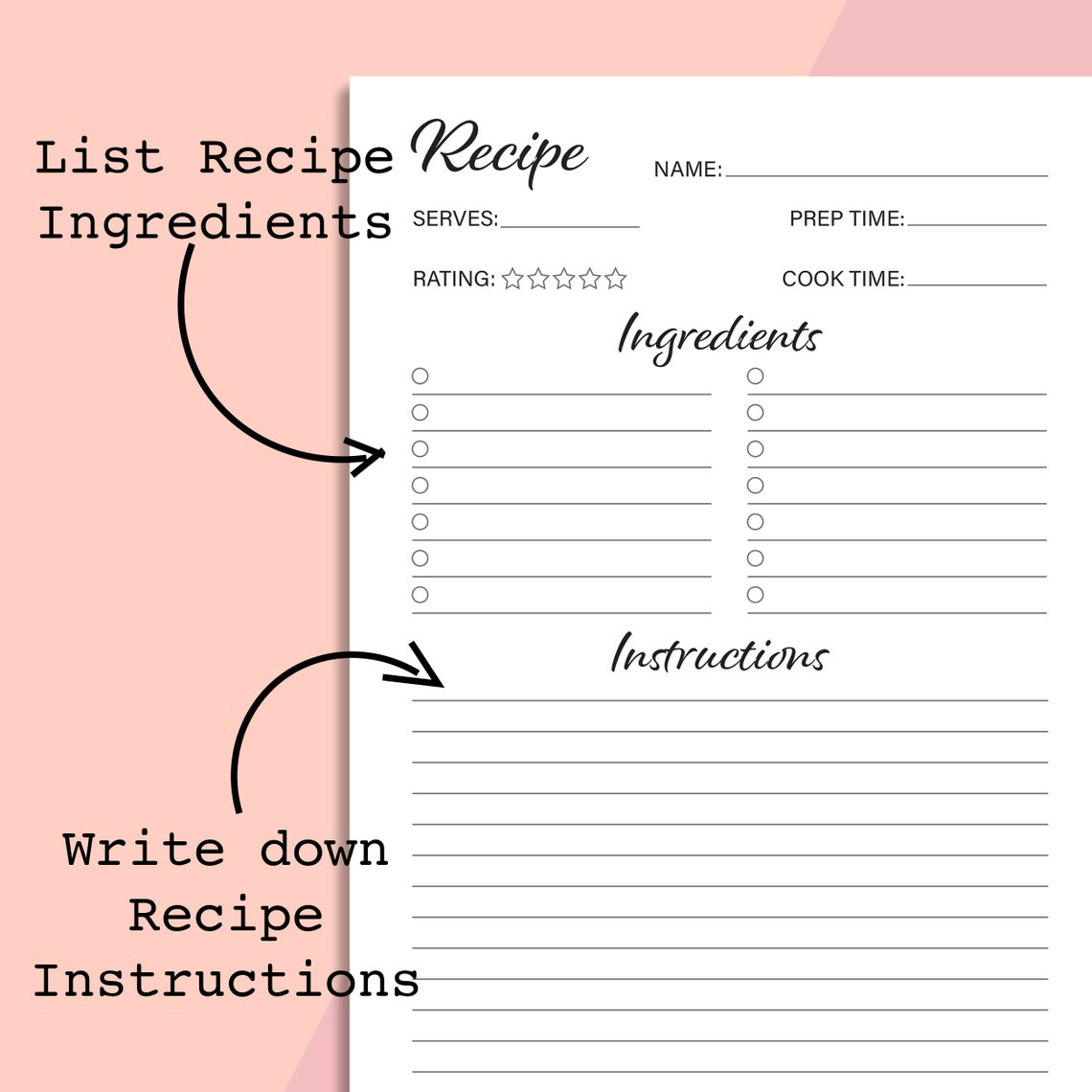 Recipe Printable Page Recipe Template PDF Recipe Planner - Etsy