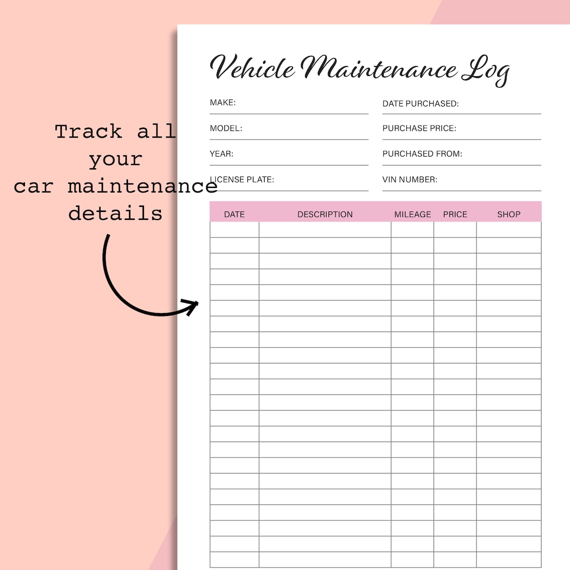 Vehicle Maintenance Log, Car Maintenance Log Printable, Auto Repairs ...