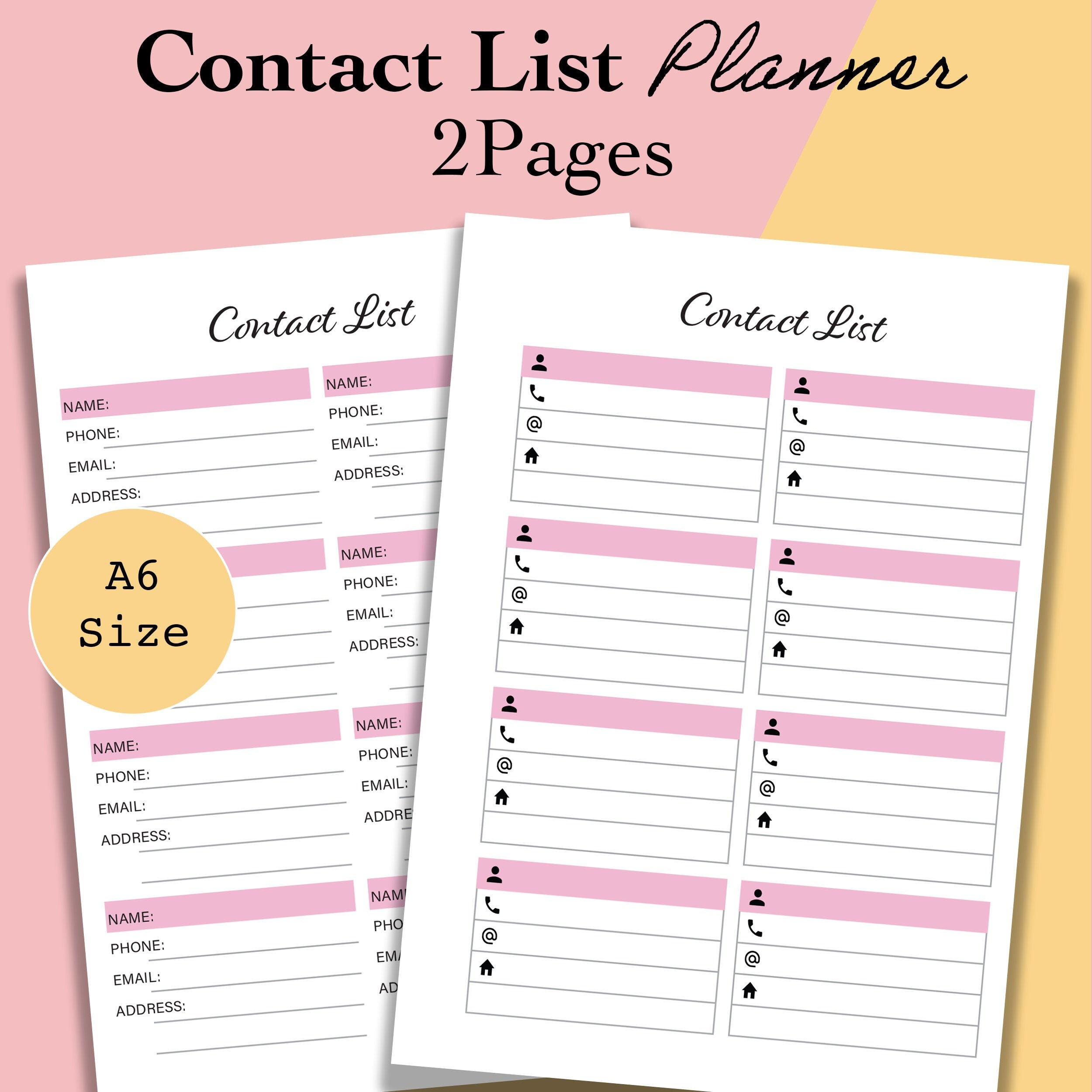A6 Contact List, Address Book Printable, Contact Information Sheet ...
