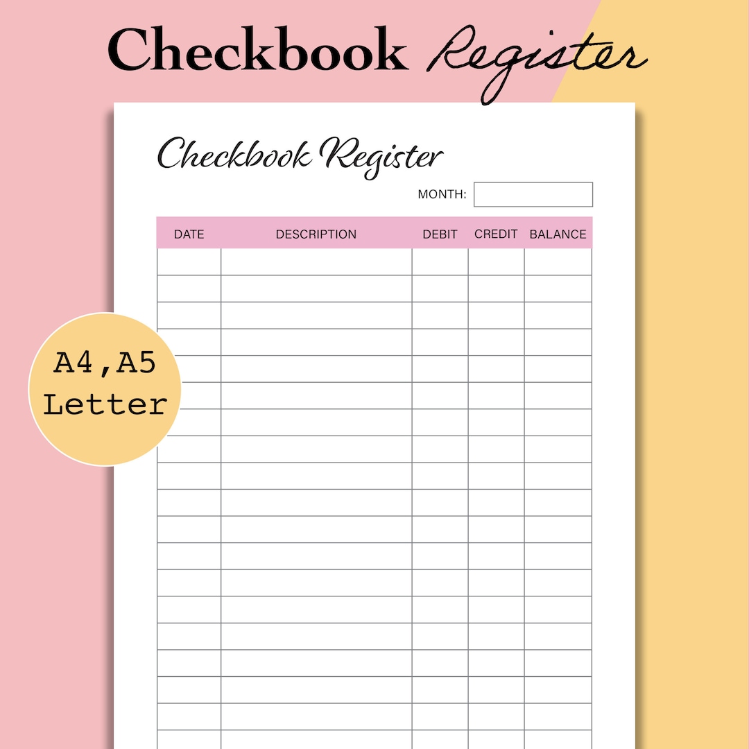 Checkbook Register Printable, Checkbook Register Book Digital, Checking ...