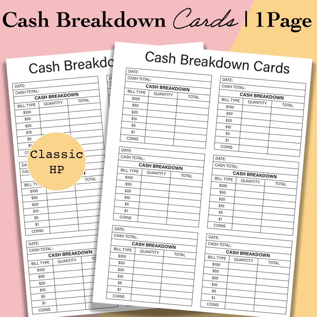 Cash Breakdown Count Sheet Printable, Cash Breakdown Cards PDF, Cash ...