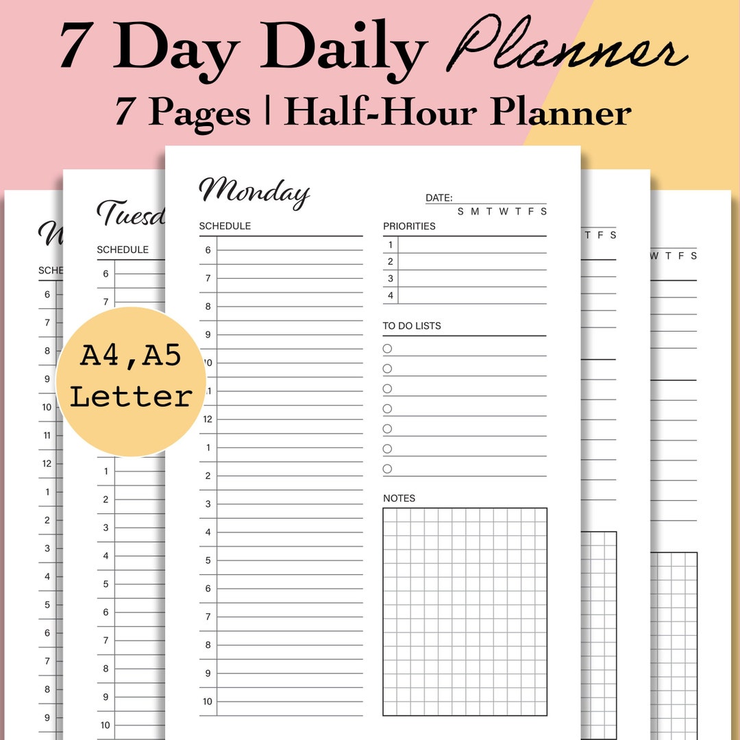 7 Day Planner Printable, A5 Daily Half Hour Planner PDF, Daily Hourly ...