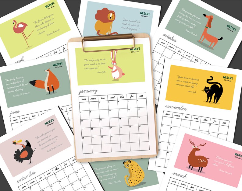 Animals Printable 2024 Calendar Planner, Seasonal 12 Monthly Pages ...