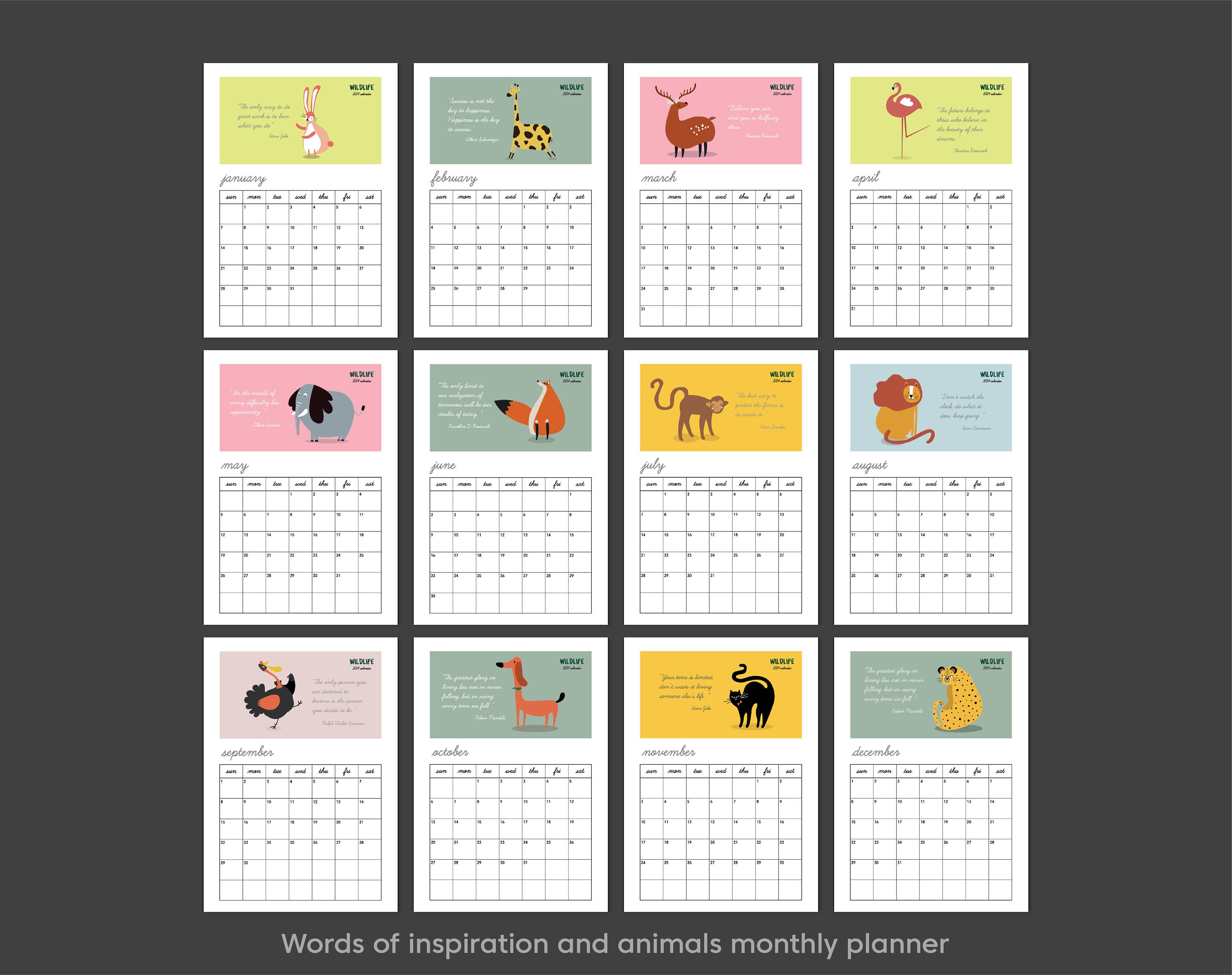 Animals Printable 2024 Calendar Planner, Seasonal 12 Monthly Pages ...