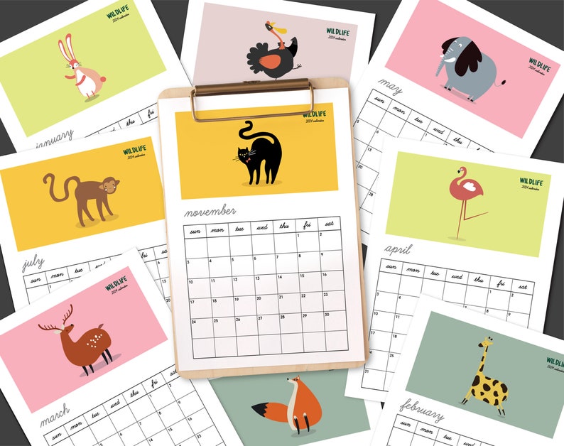 Animals Printable 2024 Calendar Planner, Seasonal 12 Monthly Pages ...