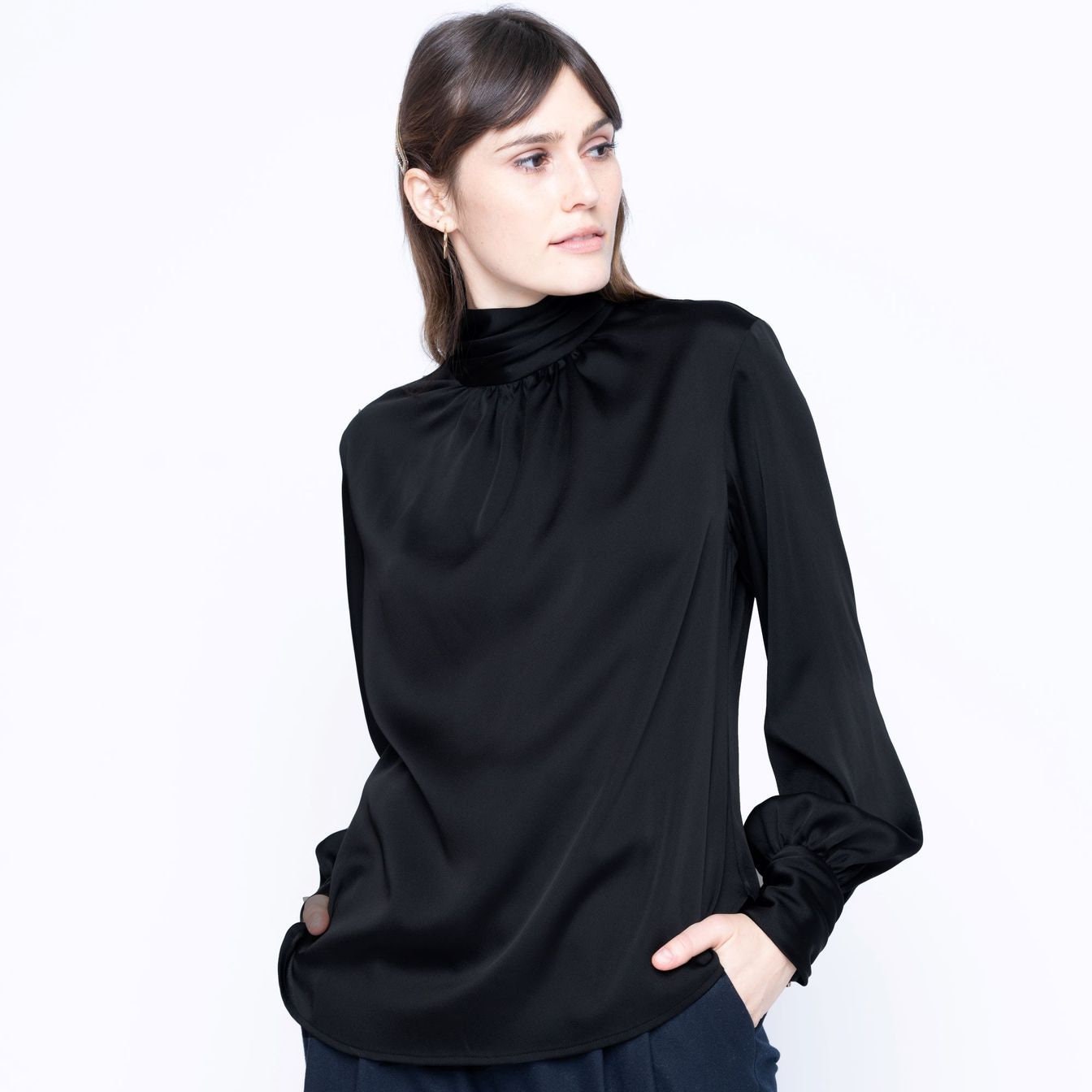 The Vault Ruched Neck and Cuff Blouse, Satin Blouse, Mock Neck Blouse ...