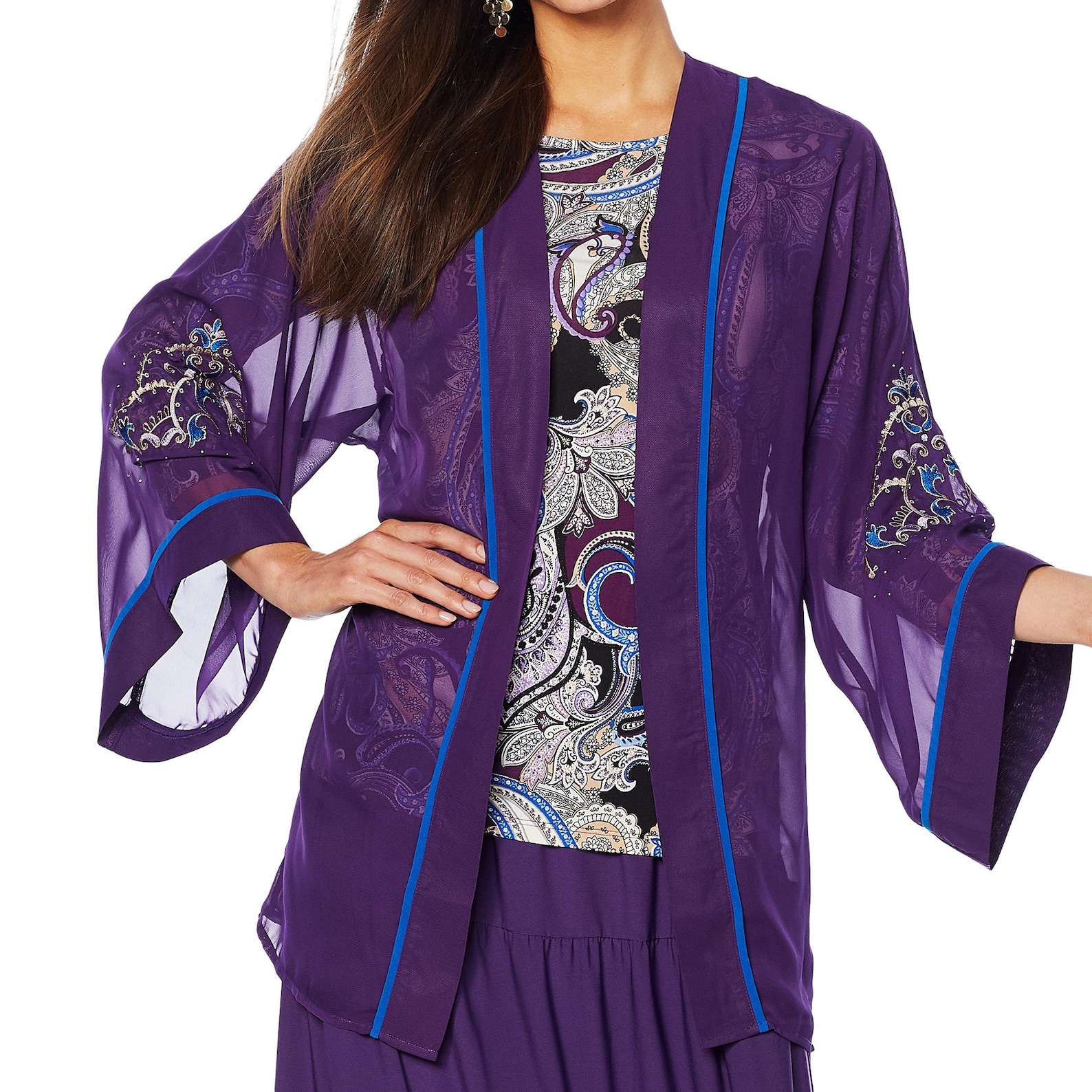 Chiffon Kimono Jacket With 3/4 Sleeve Printed Top Set. Black | Etsy