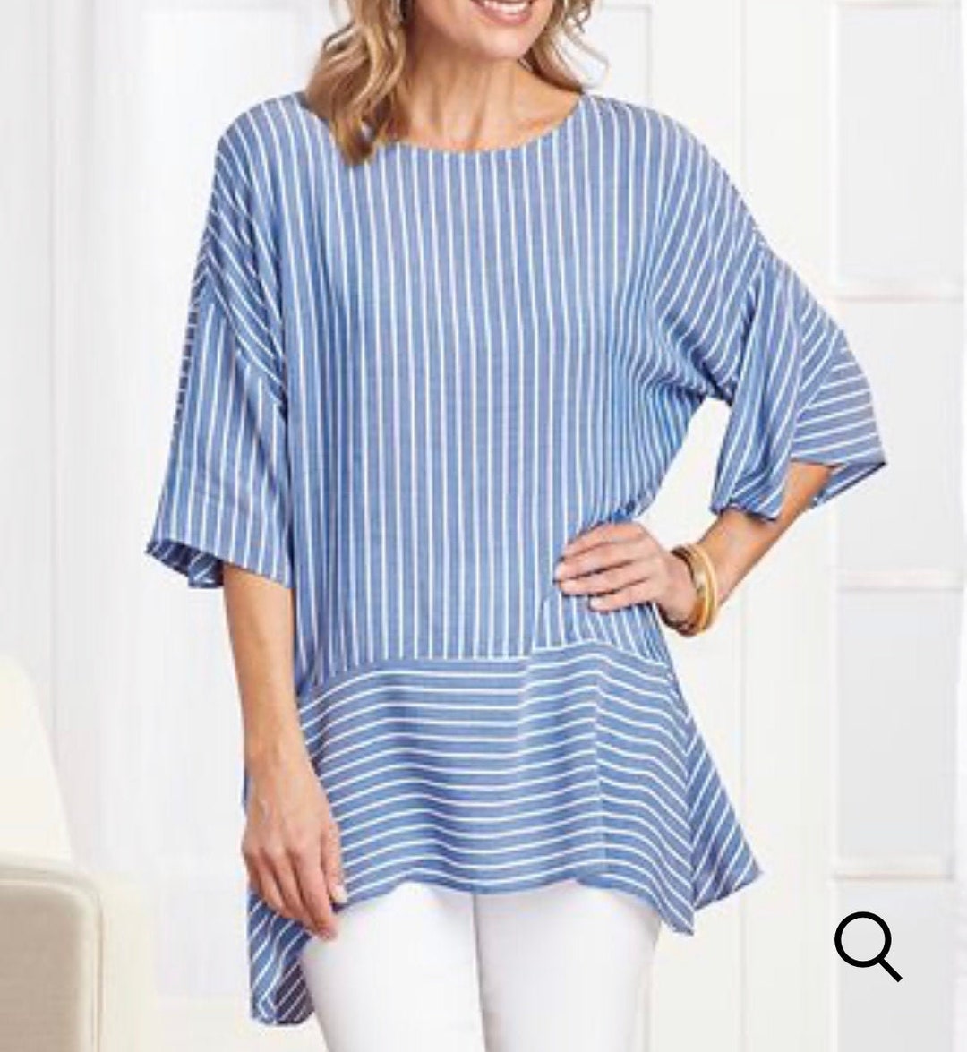 Stripe Flutter Sleeve Tunic, Sharkbite Hem, Relax Fit, Easy Fit Top ...