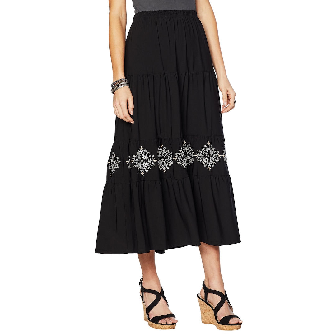 Embroidered Tiered Maxi Skirt: Matt Jersey Knit, Plus Size Available - Etsy