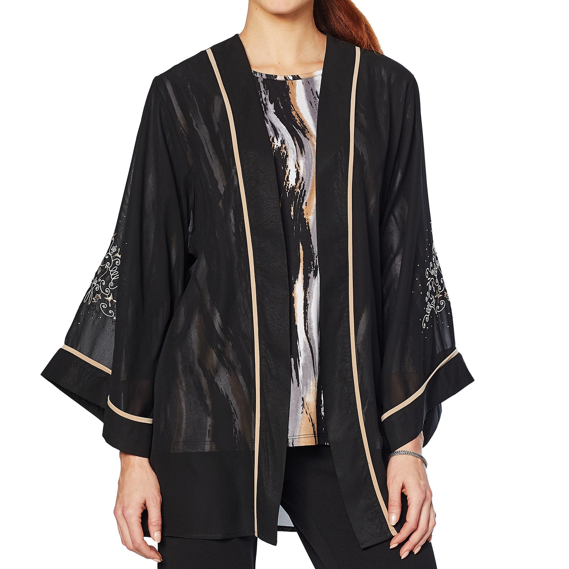 Chiffon Kimono Jacket With 3/4 Sleeve Printed Top Set. Black | Etsy