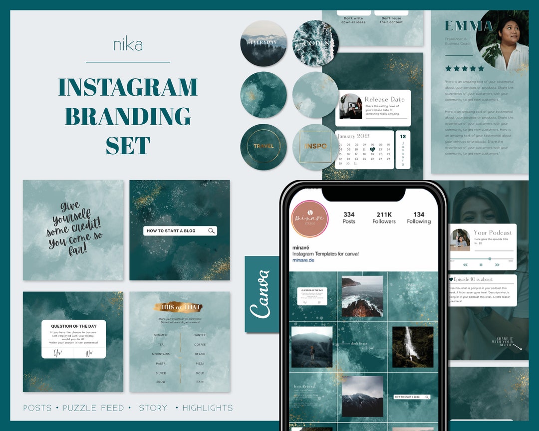 Instagram Branding Set "nika" Blue & Gold for Canva | Instagram Puzzle ...