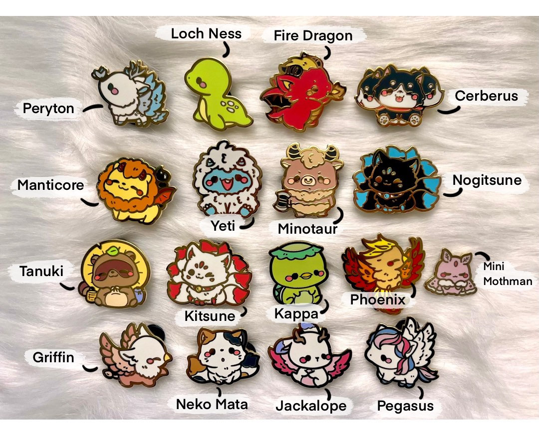 Mythical Creatures Kawaii Enamel Pin Chibi Kitsune Tanuki Cerberus ...