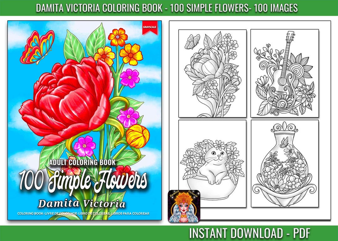 100 Simple Flowers Coloring Book | Digital Coloring Pages | Adult ...