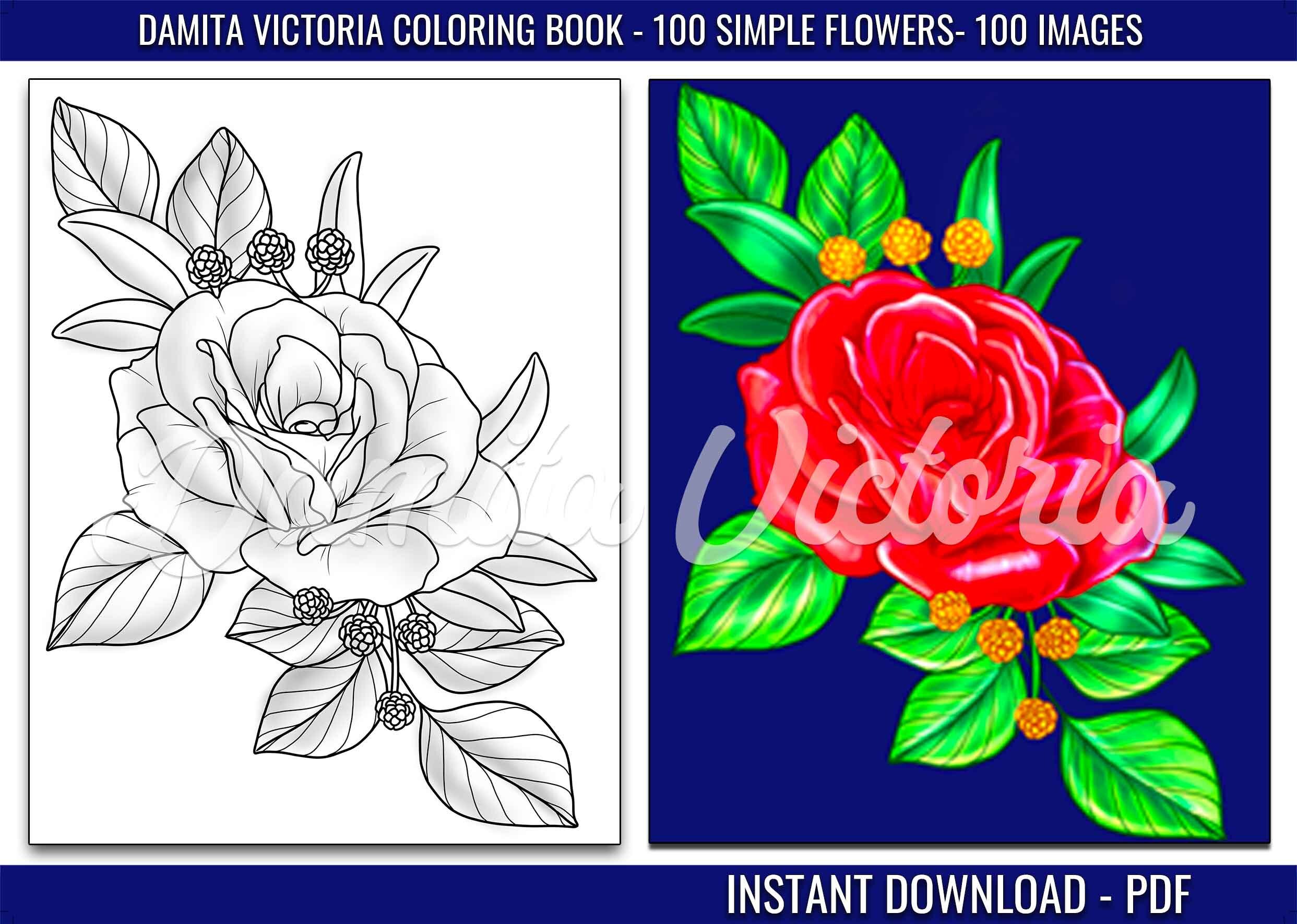 100 Simple Flowers Coloring Book | Digital Coloring Pages | Adult ...