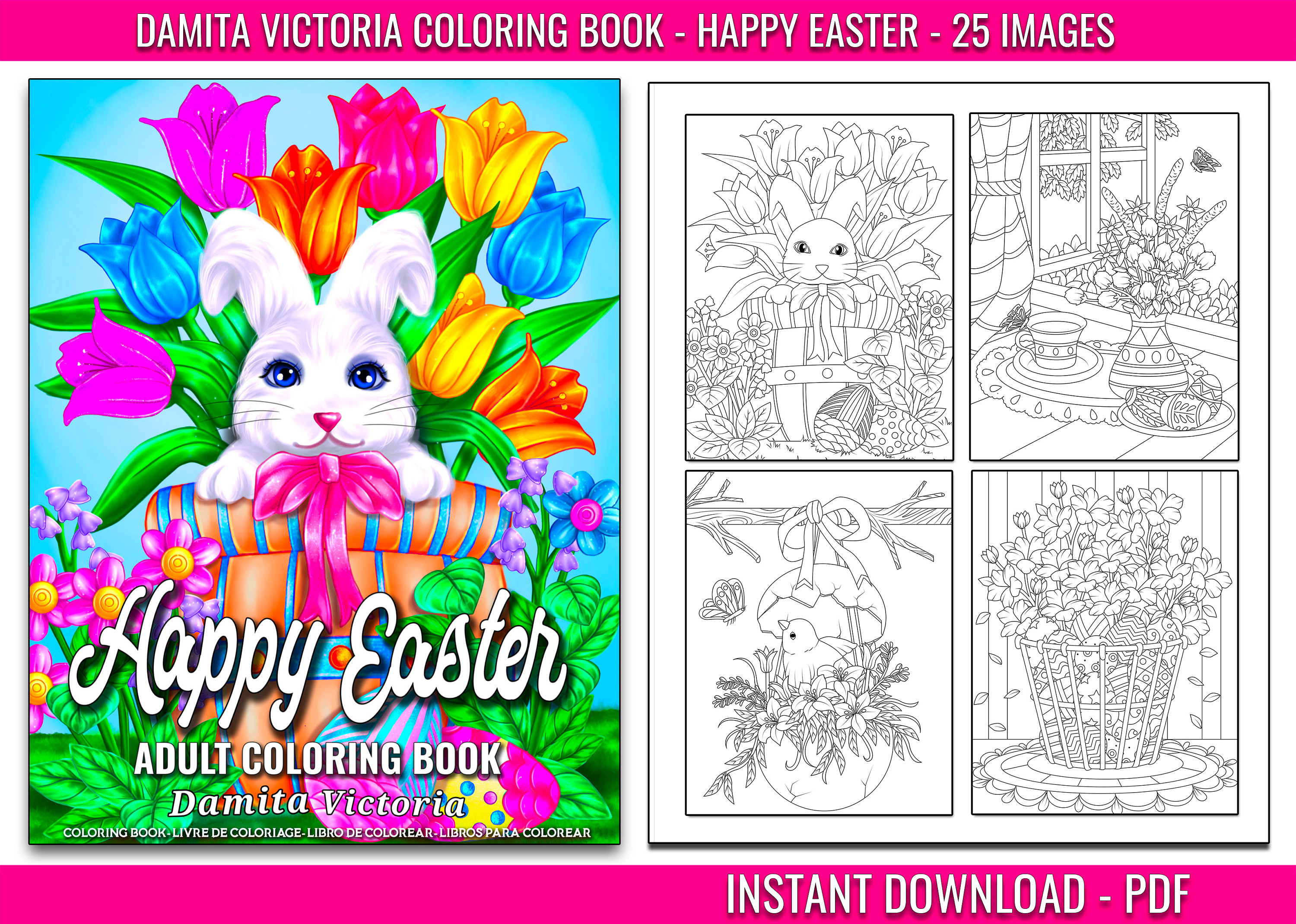 Adult Coloring Book Happy Easter | Easter Coloring Page | Line Art ...
