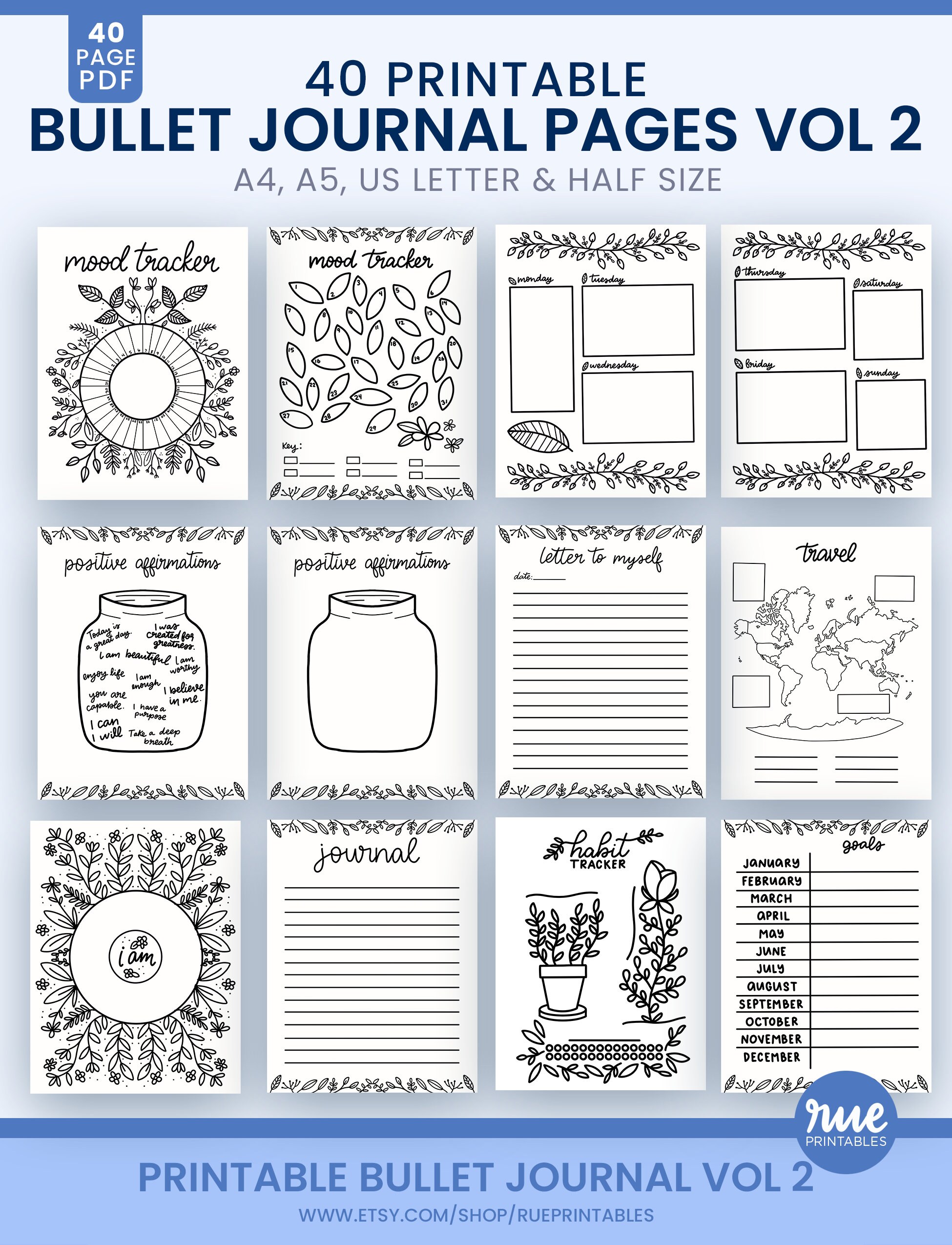 40 Printable Bullet Journal Pages, Habit Tracker, Goal Tracker, Bucket ...