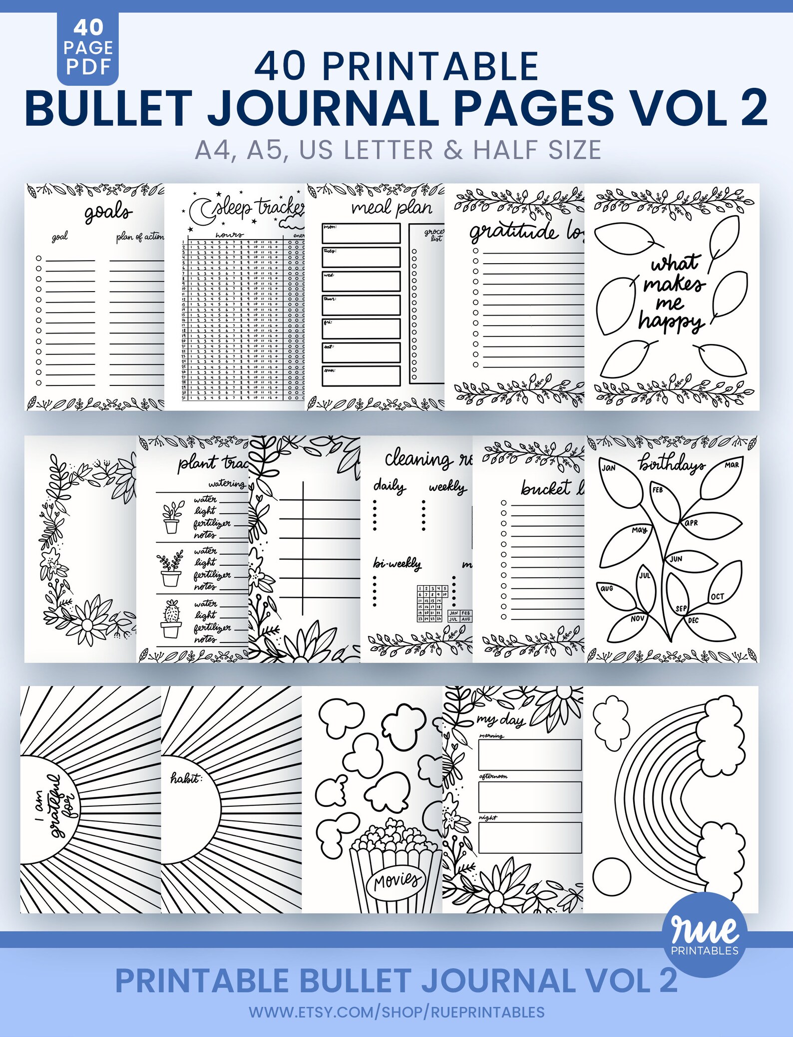 40 Printable Bullet Journal Pages, Habit Tracker, Goal Tracker, Bucket ...