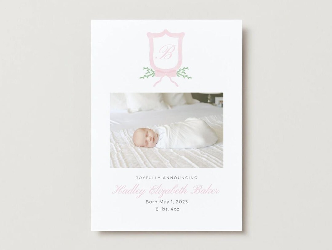 Simple Elegant Pink Crest Baby Birth Announcement | Birth Announcement ...